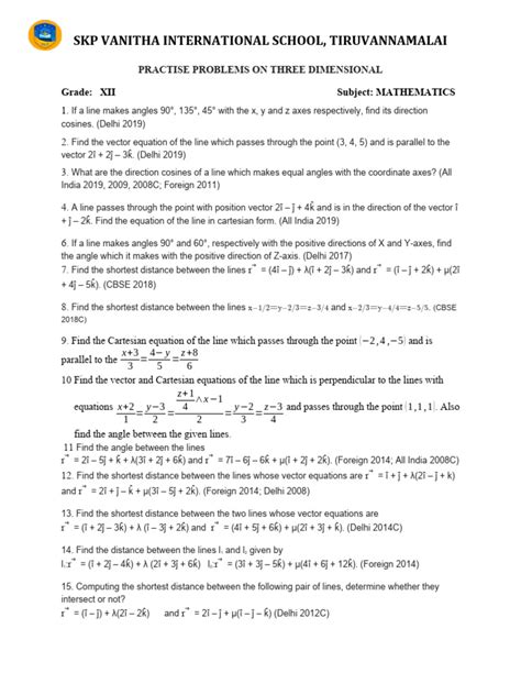 Practise Problems On Three Dimensional Pdf Cartesian Coordinate System Euclidean Vector