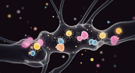 Abstract Representation Of A Neural Network Synapse Displaying Colorful Neurotransmitters In