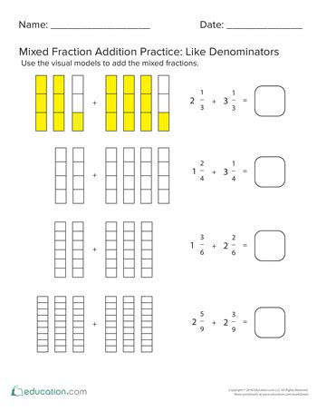 Mixed Fraction Addition With Like Denominators Education Com