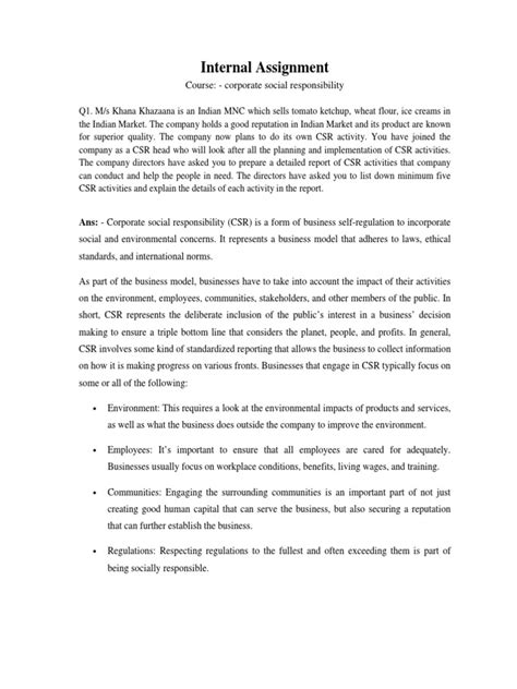 Csr Assignment Pdf Corporate Social Responsibility Governance