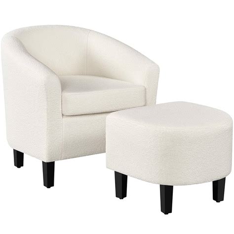 Mid Century Fuzzy Boucle Fabric Armchair Footrest Ivory Yaheetech Fuzzy