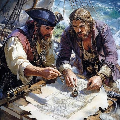 Pirates Using A Sextant And Compass To Follow A Treasure Map Premium Ai Generated Image