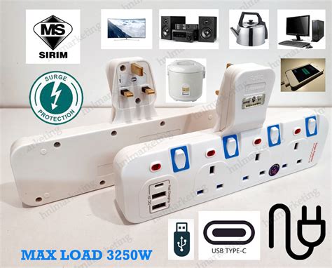 Eurosonic 13a T Adaport With Usb Tpye C Heavy Duty Switch Socket Extension Lazada