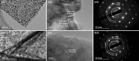 Hrtem And Saed Patterns Of Fe Zno A1 A2 A3 Fe Zno Go 1 B1 B2 B3 Download Scientific
