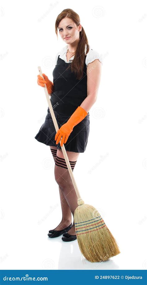 Giovane Donna Sexy Che Scopa Il Pavimento Fotografia Stock Immagine Di Amichevole Igiene