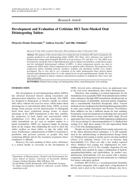 Pdf Development And Evaluation Of Cetirizine Hcl Taste Masked Oral Disintegrating Tablets