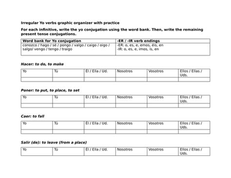 Irregular Yo Verbs Graphic Organizer With Practice Present Tense Teaching Resources