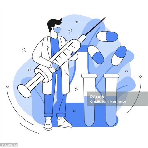 แพทย์ถือเข็มฉีดยาขนาดใหญ่บนพื้นหลังของวัตถุทางการแพทย์เวกเตอร์ภาพประกอบ