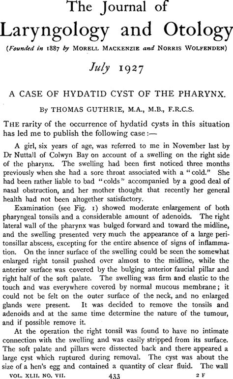 A Case Of Hydatid Cyst Of The Pharynx The Journal Of Laryngology