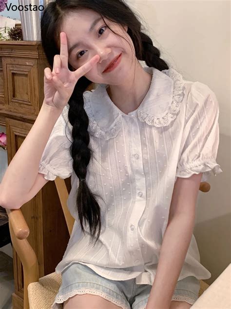 알리익스프레스 일본 화이트 피터팬 칼라 여성 셔츠 귀여운 로리타 스타일 퍼프 소매 블라우스 여성스러운 하라주쿠 카와이 Jk