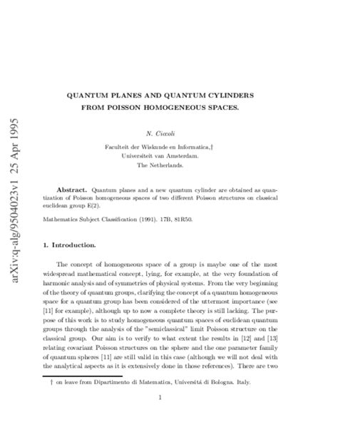 Pdf Quantum Planes And Cylinders From Poisson Spaces