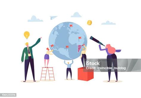 함께 일 하는 캐릭터와 함께 글로벌 비즈니스 개념입니다 작업 과정에서 통신 하는 사람들 창의적인 팀웍 협력 전세계 비즈니스입니다 벡터 일러스트 레이 션 사람들에 대한 스톡