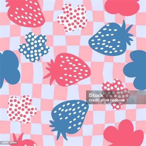 히피 미적 딸기와 발견 된 꽃 매끄러운 패턴 1970 년대 스타일의 직물 종이 티셔츠를위한 복고풍 여름 인쇄 트리피 그리드는 장식과 디자인을위한 벡터 배경을 왜곡했습니다