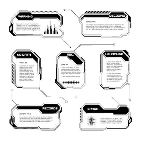 검은색 미래주의 Hud Ui 요소 Scifi 사용자 인터페이스 텍스트 박스 Callouts 경고 메시지 프레임 프리미엄 벡터