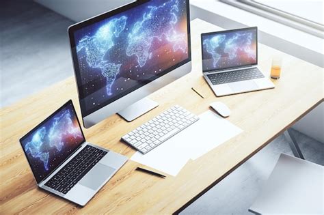 현대 노트북 모니터에 대한 추상적이고 창의적인 디지털 세계 지도 관광 및 여행 개념 3d 렌더링 프리미엄 사진