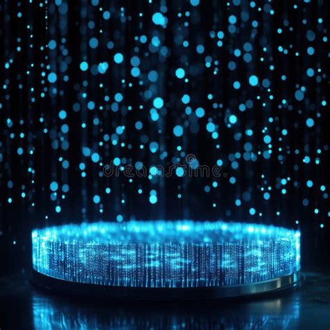futuristic digital platform with glowing blue binary rain and shimmering lights copy space for