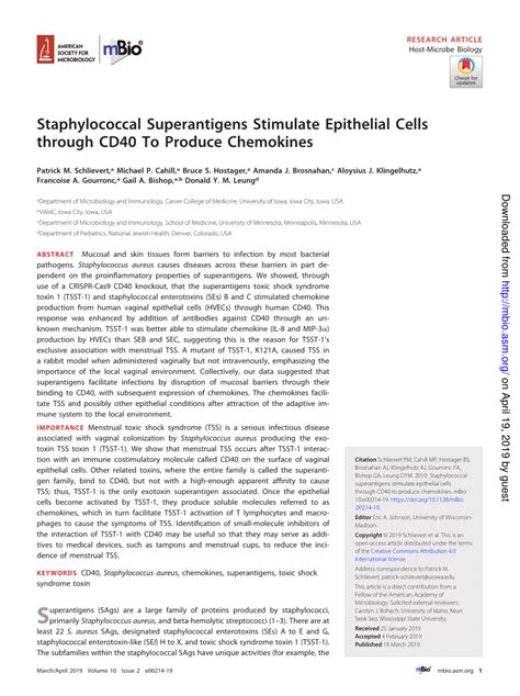 Pdf Staphylococcal Superantigens Stimulate Epithelial Cells Through Cd40 To Produce Chemokines
