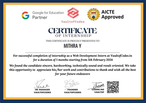 Mithra Y On Linkedin Internship Internship Vaultofcodes Aicte Intern