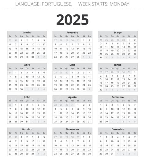Португальский календарь на 2025 год Печатная векторная иллюстрация в серых цветах для Португалии