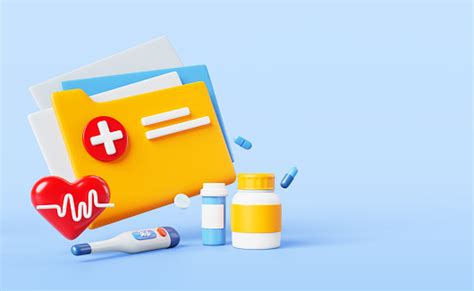 의료 기록 3d 렌더링 배너 환자 건강 보고서 종이 의료 데이터가 있는 문서 폴더 심장학 개념 빨간 심장 박동 온도계 파란색 배경에 알약 병 3차원 형태에 대한 스톡 사진
