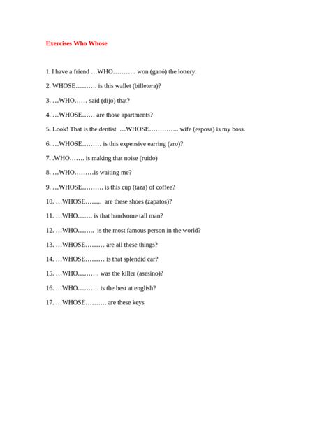 10 Exercises Who Whose 3 Pdf
