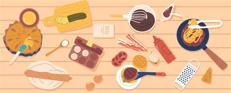 테이블 탑 뷰의 요리 품목 및 재료 팬 버거 페이스트리 케이크에 야채 파스타 및 소스 포함 빵집에 대한 스톡 벡터 아트 및 기타 이미지 Istock