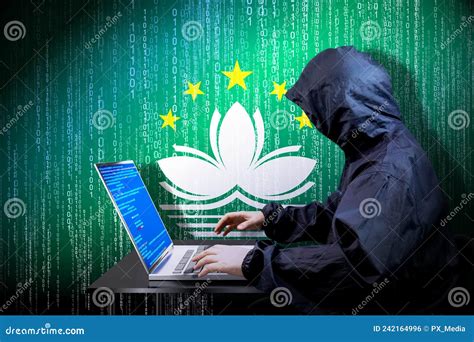 Anonymous Hooded Hacker Flag Of Macau Binary Code Cyber Attack