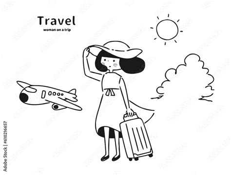 旅行に行く女性のシンプルでおしゃれなモノクロイラスト Stock Vector Adobe Stock