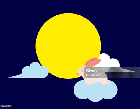 만화 귀여운 달 토끼 토끼는 구름 위의 달로 날아갑니다 아시아 중추절 동화 캐릭터 평면 디자인 벽지 벡터 일러스트 레이 션 Eps10 꽃 식물에 대한 스톡 벡터 아트 및