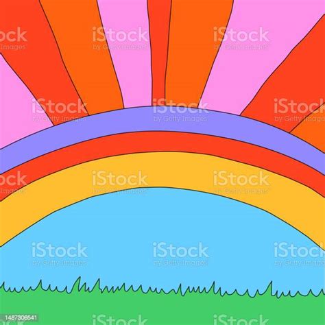 소셜 미디어에 대 한 사각형 템플릿입니다 편집 가능한 레이어드 사진 프레임1970 사이키델릭하고 그루비한 히피족 무지개 하늘 구름이 있는 판타지 순진한 배경90년대 좋은
