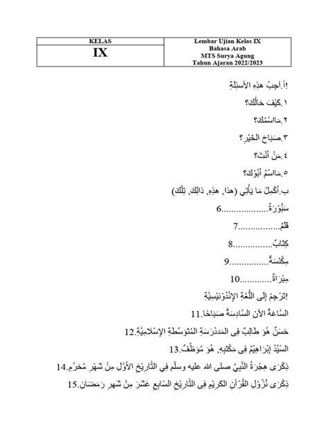Soal Bahasa Arab Kelas Ix 2023 Pdf