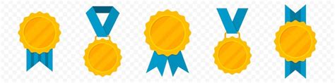평면 디자인에 파란색 리본이 있는 황금 메달 세트 프리미엄 벡터