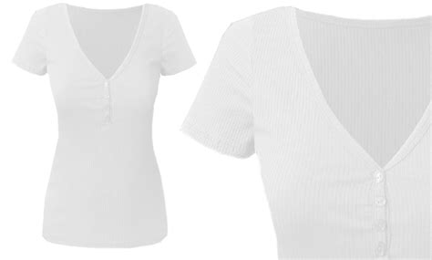 Doublju Womens V Neck Henley Ribbed Short Sleeve Top Groupon