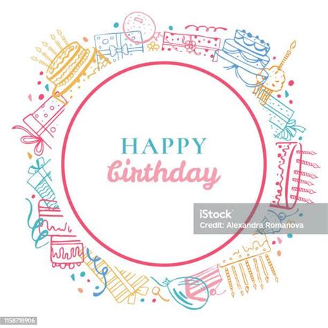 양식에 일치시키는 생일 케이크 선물 상자 풍선 과 직사각형 프레임 템플릿 손으로 그린 만화 벡터 화려한 스케치 일러스트 생일에 대한 스톡 벡터 아트 및 기타 이미지 Istock