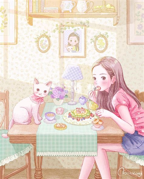 일러스트레이터 미니토리 함께 맛있게 냠냠 😋💕😽 여러 일정에 스케치만 해두었던걸 이제야 채색해서 업로드하네요~🥲 스트레스 해소엔 맛있는 음식이 쵝오~ 모두들 저녁 식사