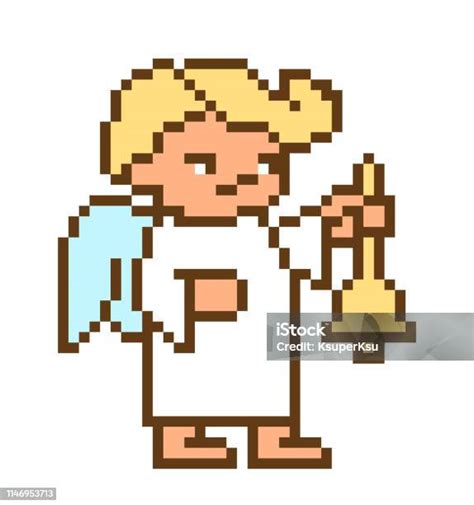 작은 천사 소년 벨 흰색 배경에 고립 된 픽셀 아트 문자를 울리는 메리 크리스마스 카드입니다 종교적 휴일 기호입니다 오래 된 학교 8 비트 레트로 80 년대 90 년대