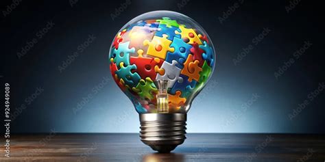 Illuminated Light Bulb With Puzzle Pieces Conveys Innovative Problem Solving Symbolizing