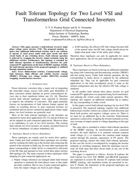 Pdf Fault Tolerant Topology For Two Level Vsi And Transformerless Grid Connected Inverters