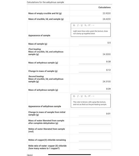 Solved Calculations For The Anhydrous Sample Mass Of Sample Chegg Com
