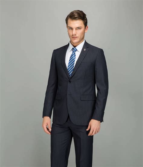 Wool Pinstripe Suits Men Dark Blue Business Party Dress Suit For Men