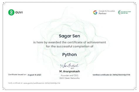 Sagar Sen On Linkedin Python Guvi Certificate