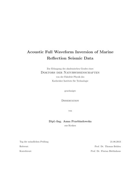 Pdf Acoustic Full Waveform Inversion Of Marine Reflection Seismic Data