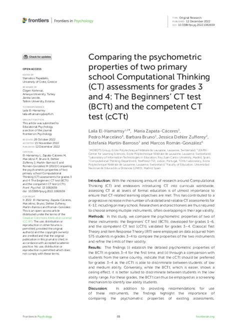 Pdf Comparing The Psychometric Properties Of Two Primary School Computational Thinking Ct