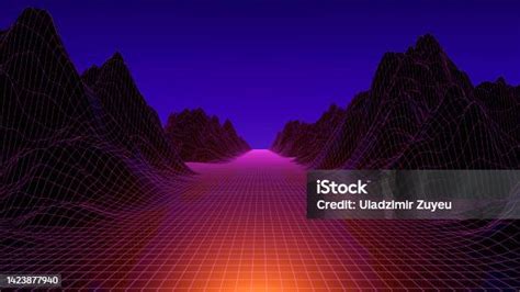 그리드와 산이있는 3d 네온 미래 지향적 인 풍경 신스 웨이브 사이버 펑크 80 년대 게임 컨셉 배경 0명에 대한 스톡 사진 및