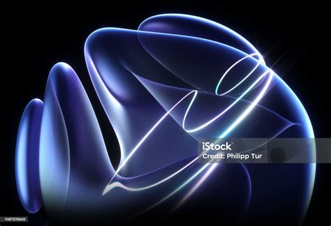 초현실적 인 외계인 구체 또는 곡선 물결 모양의 물결 모양의 선의 일부가 있는 추상 미술 3d 배경의 3d 렌더링은 네온 빛깔의 반투명 형광 플라스틱 소재로 검은 색 안에