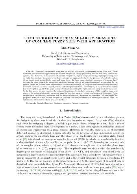 Pdf Some Trigonometric Similarity Measures Of Complex Fuzzy Sets With Application