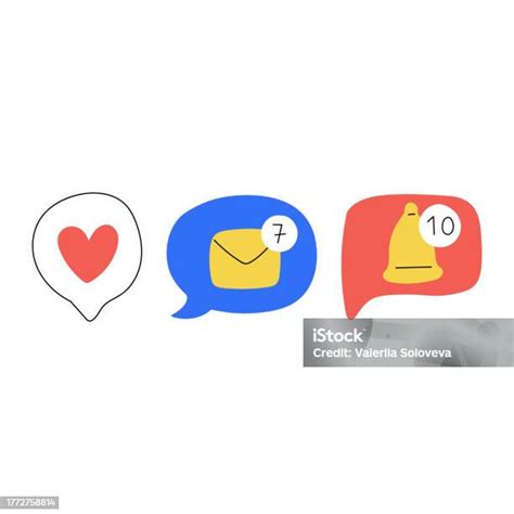 손으로 그린 연설 거품 하트 봉투 종 기호와 같은 알림 밝은 장식 요소 컬러 플랫 벡터 그림 고립된 통하고 있는 A 백색 배경