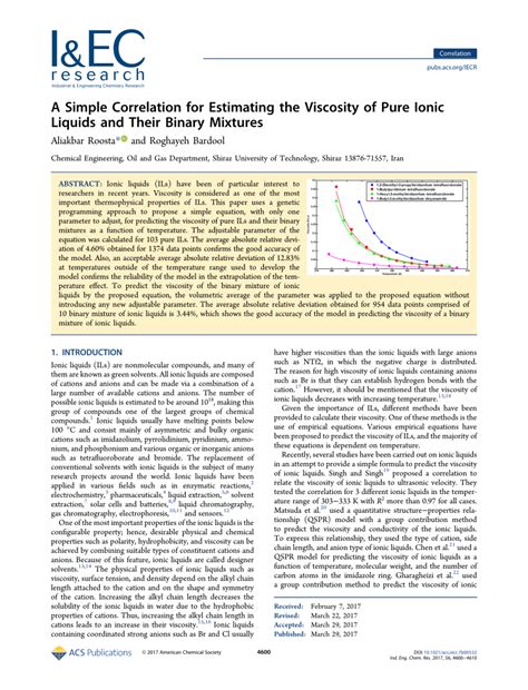 Pdf A Simple Correlation For Estimating The Viscosity Of Pure Ionic