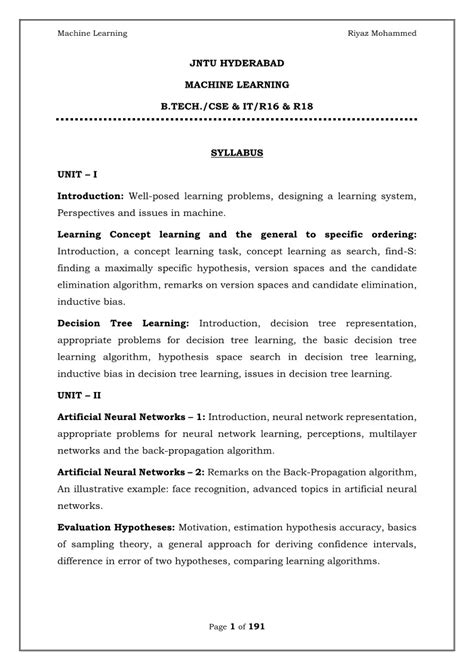 Machine Learning Computerized Notes For Computer Science And Engineering By Riyaz Mohammed Shop