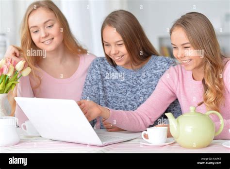 Girls Using Modern Laptop Stock Photo Alamy
